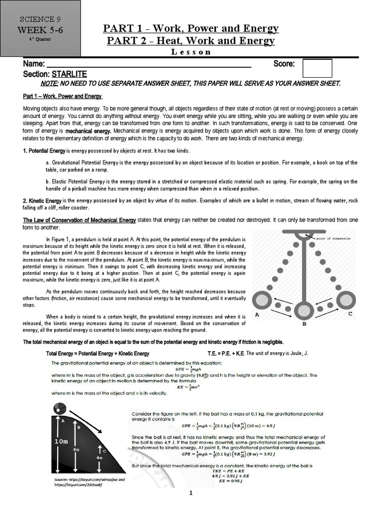 PART 1 - Work, Power and Energy PART 2 - Heat, Work and Energy | PDF ...