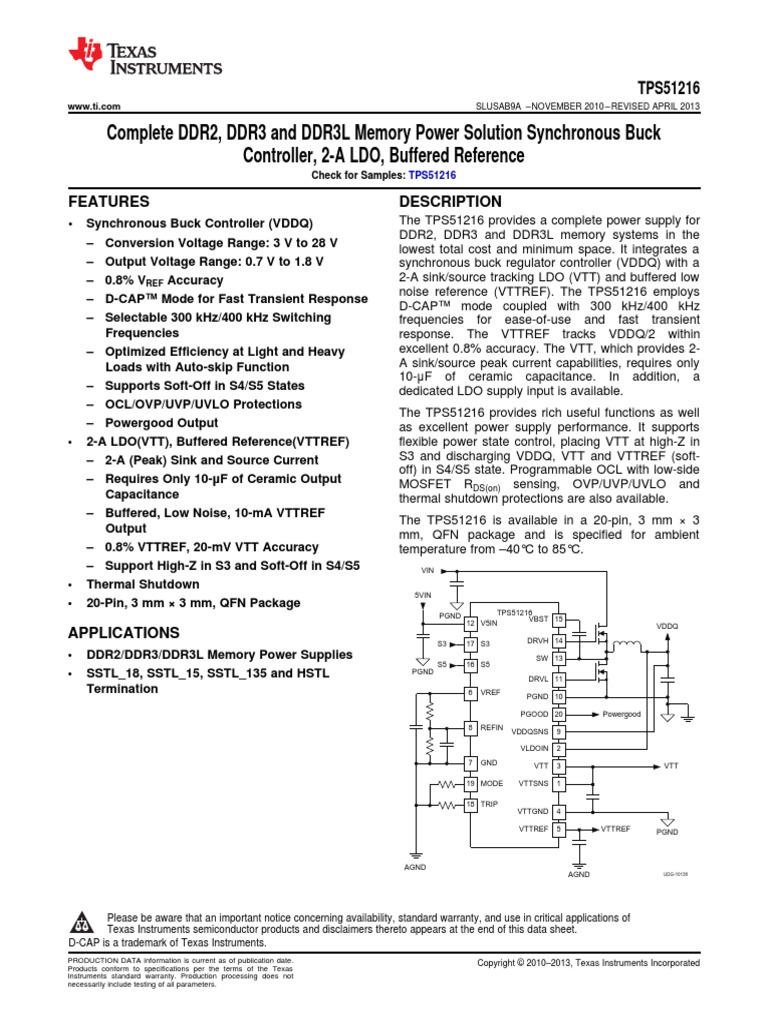 Complete DDR2, DDR3 and DDR3L Memory Power Solution Synchronous Buck Controller, 2-A LDO ...