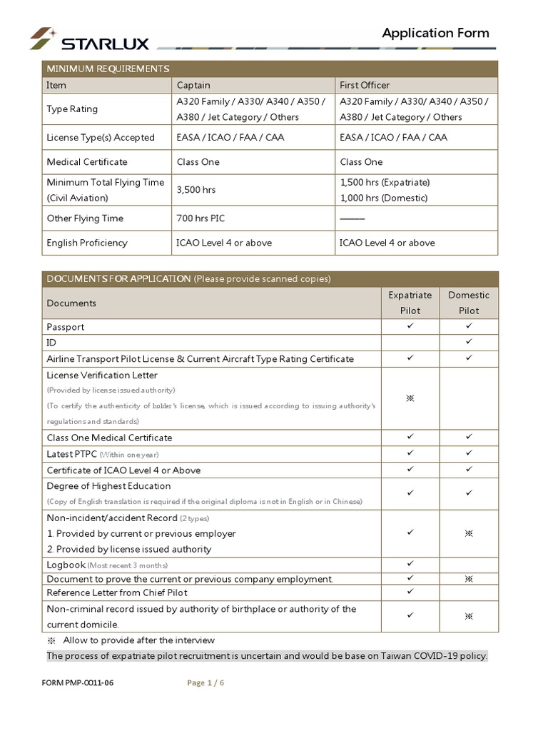 STARLUX Pilot Application Form | PDF | Federal Aviation Administration ...