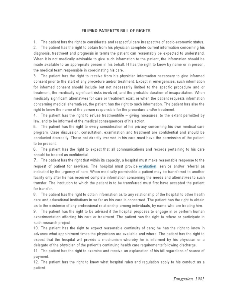 Filipino Patient's Bill of Rights | Patient | Informed Consent