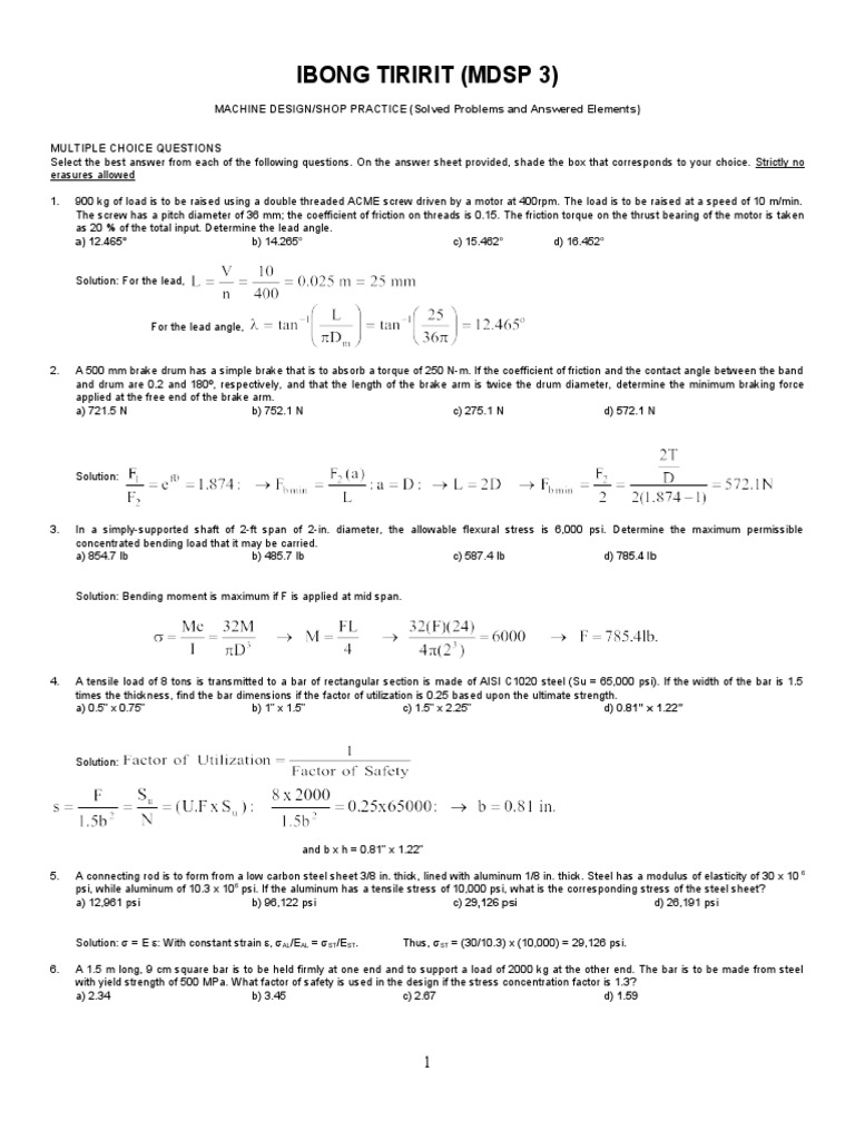 Ibong Tiririt (MDSP 3) : MACHINE DESIGN/SHOP PRACTICE (Solved Problems ...