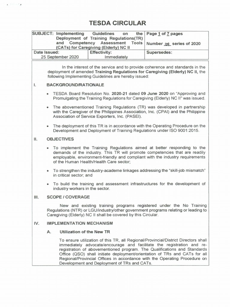 TESDA Circular No. 109-2020 | PDF | Caregiver | Personal Trainer TESDA Circular No. 109-2020 | PDF | Caregiver | Personal Trainer
