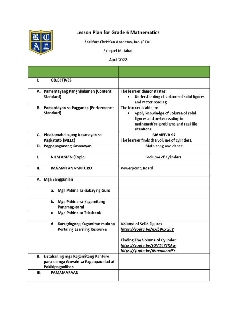 Lesson Plan For Grade 6 Mathematics | PDF | Learning | Lesson Plan