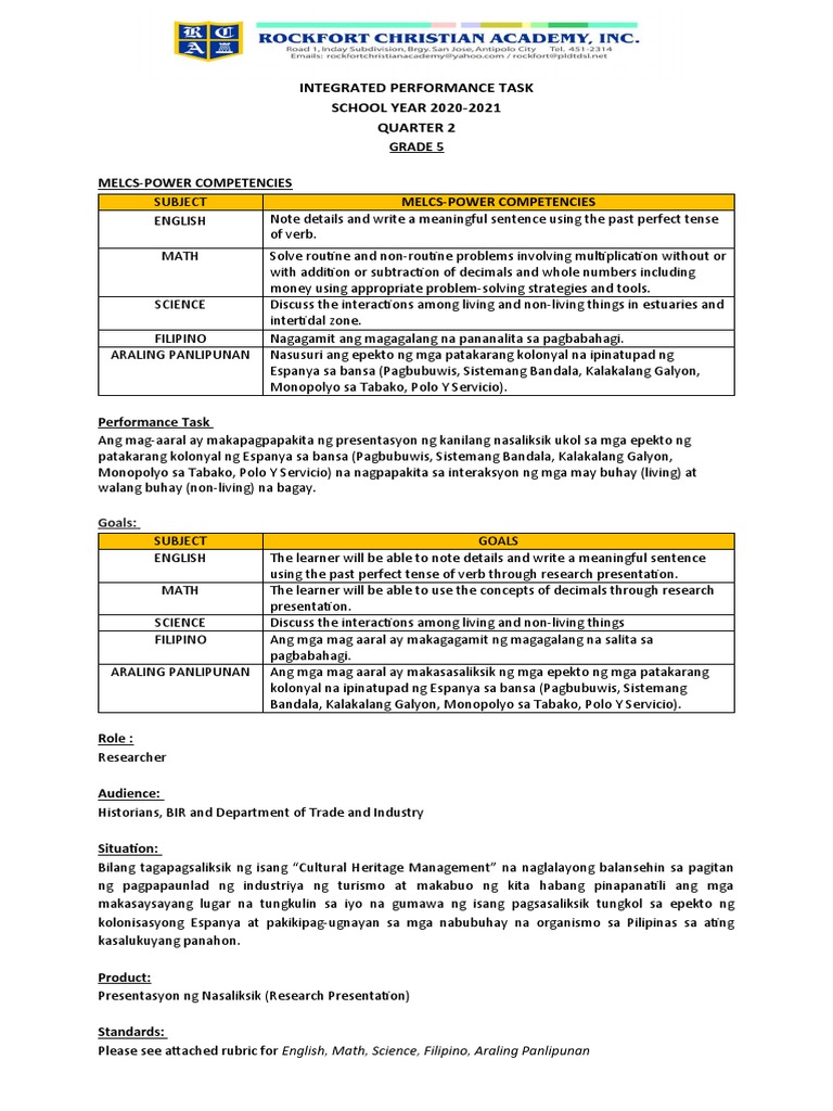 Integrated-Performance-Task - Grade 5 | PDF
