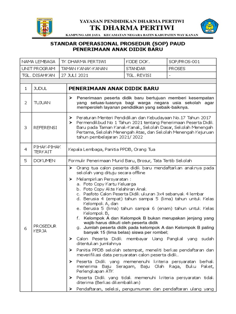 Sop Penerimaan Siswa Baru | PDF