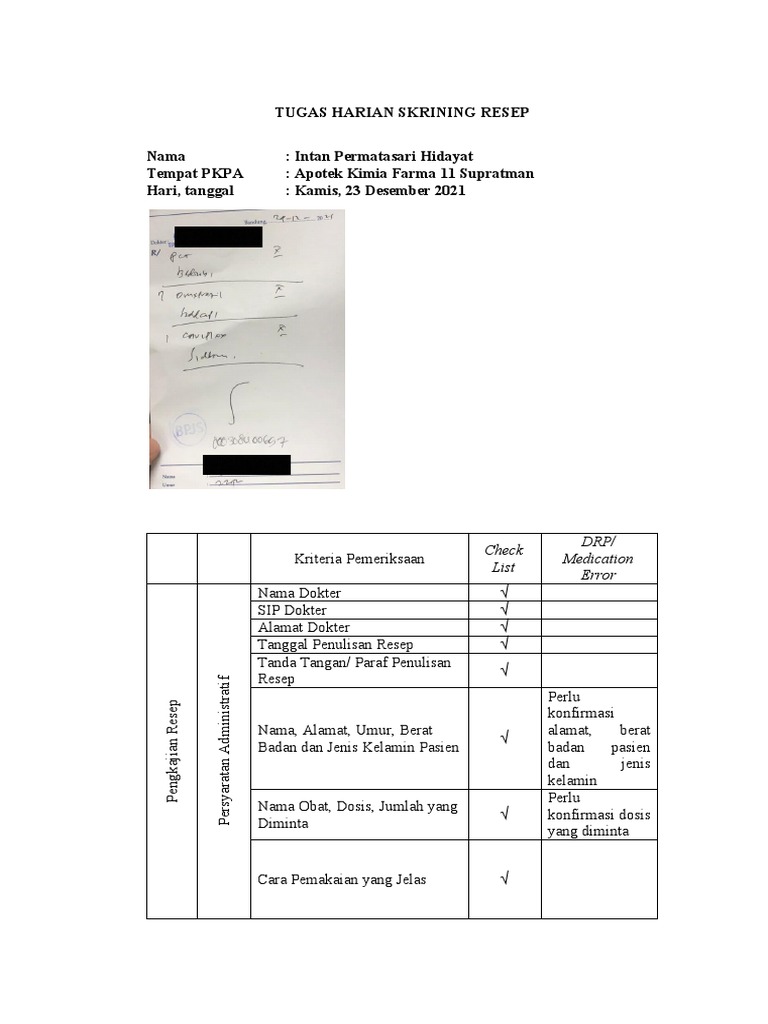 Tugas Harian Skrining Resep | PDF