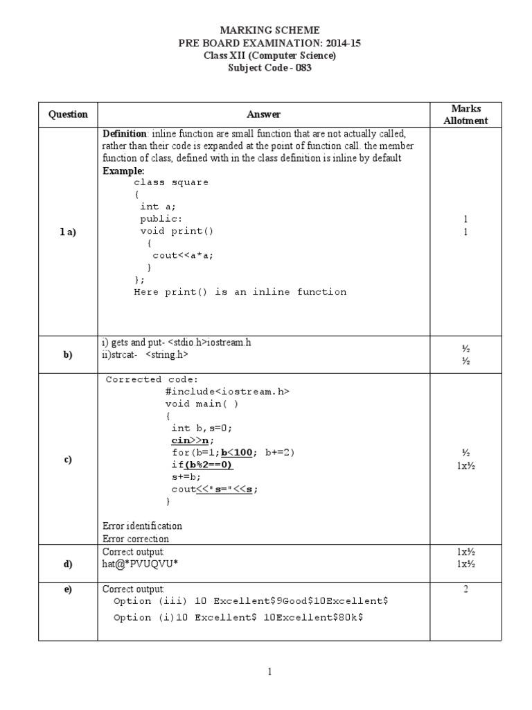 Answer Marks Allotment Definition: Inline Function Are Small Function That Are Not Actually ...