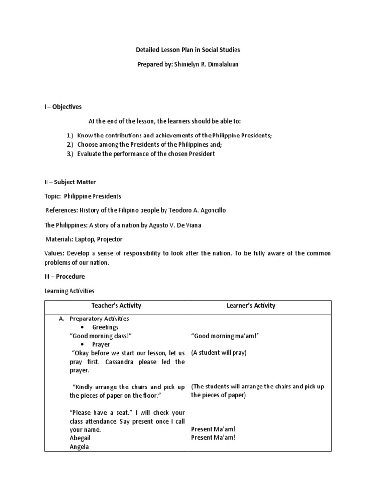 Detailed Lesson Plan in Social Studies | PDF | President Of The ...