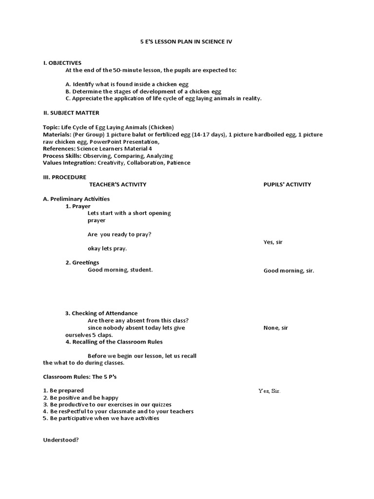 5 E'S LESSON PLAN IN SCIENCE 4 (Detailed) Group 3 | PDF | Egg | Chicken