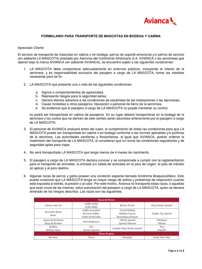 Formulario Para Transporte De Mascotas En Bodega Y Cabina Pdf
