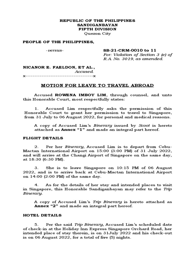 Motion For Leave To Travel | PDF | Common Law | Public Law