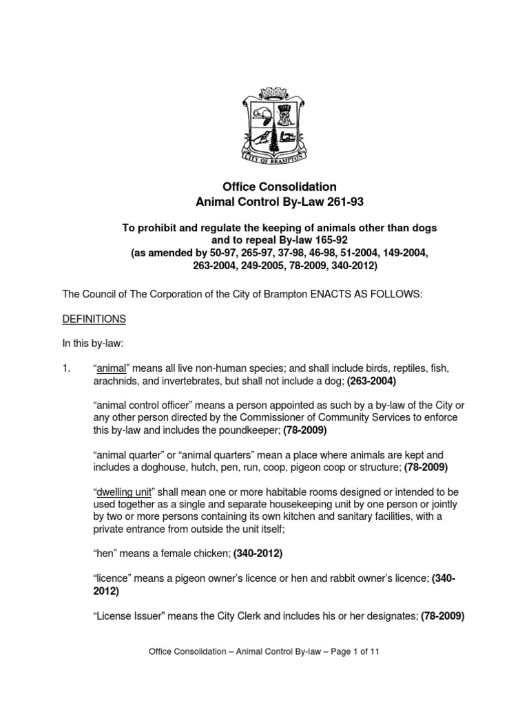 Office Consolidation Animal Control By-Law 261-93 | PDF | License | By Law