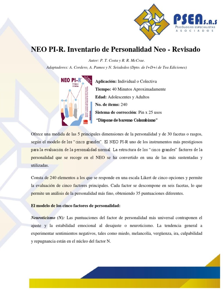 NEO PI R. Inventario de Personalidad Neo Revisado | PDF | Las emociones ...