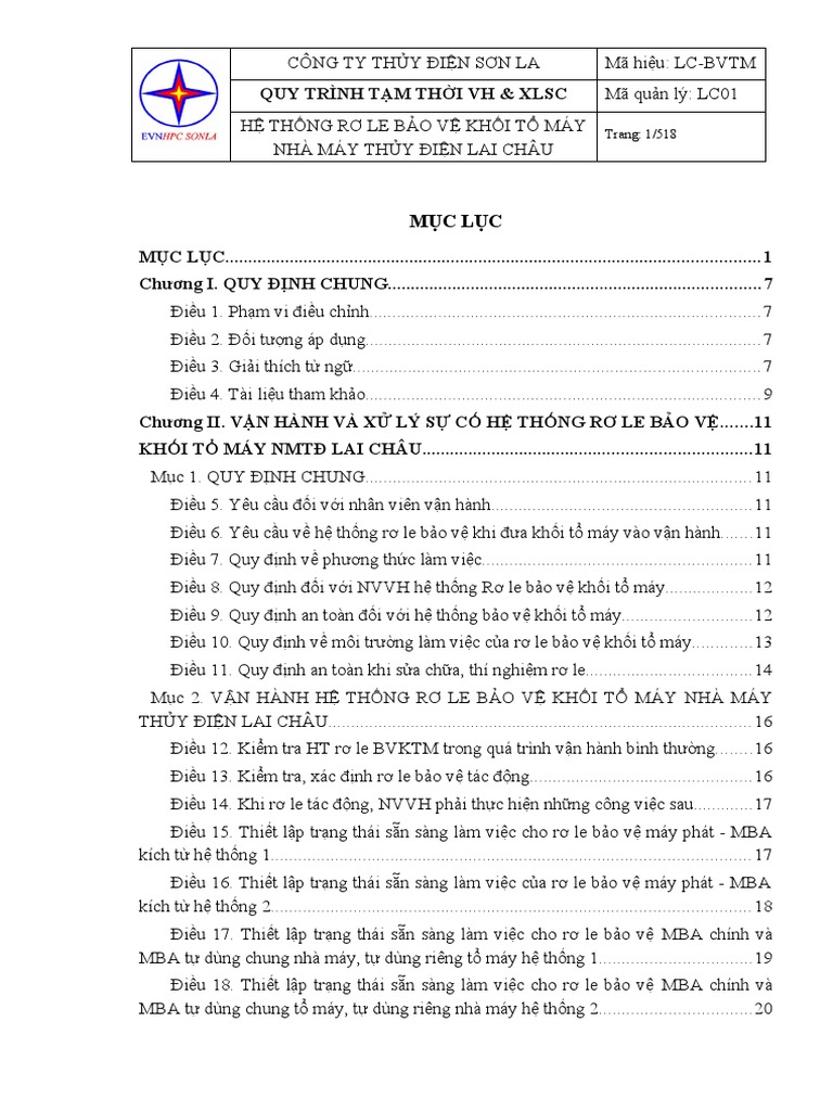 01 LC - QTVH.LC - BVTM - Quy Trình T M TH I VH & XLSC He Thong Ro Le Bao Ve Khoi To May NMTD Lai ...