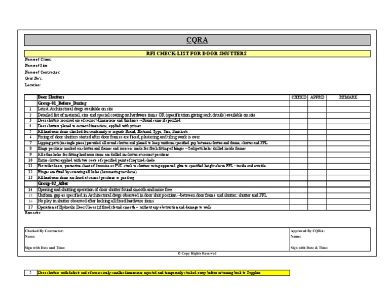 Rfi Check-List For Door Shutters | PDF | Door | Building Materials