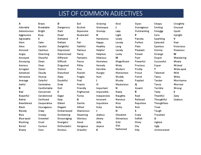List of Common Adjectives | PDF