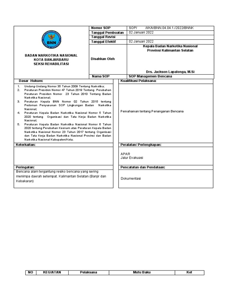 SOP Penanganan Bencana BNN Banjarbaru | PDF