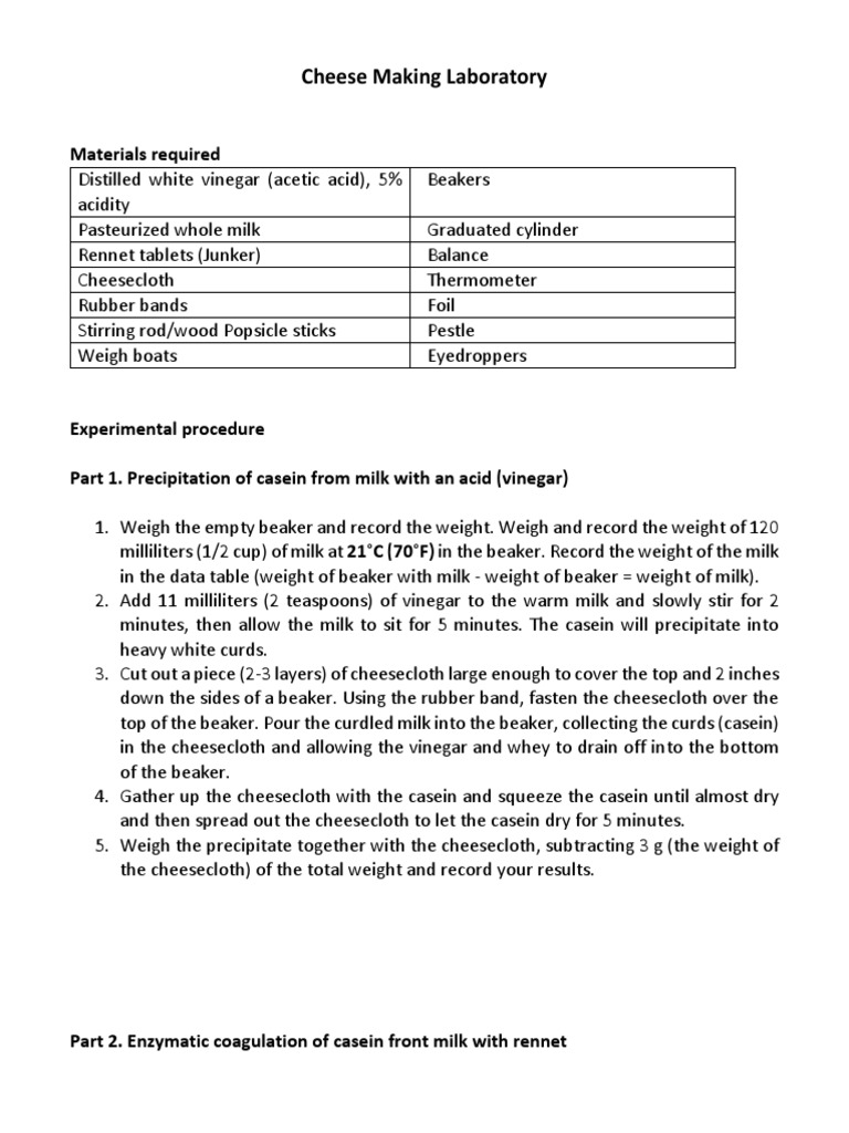 Cheese Making Lab: Casein Coagulation Techniques | PDF | Cheesemaking ...