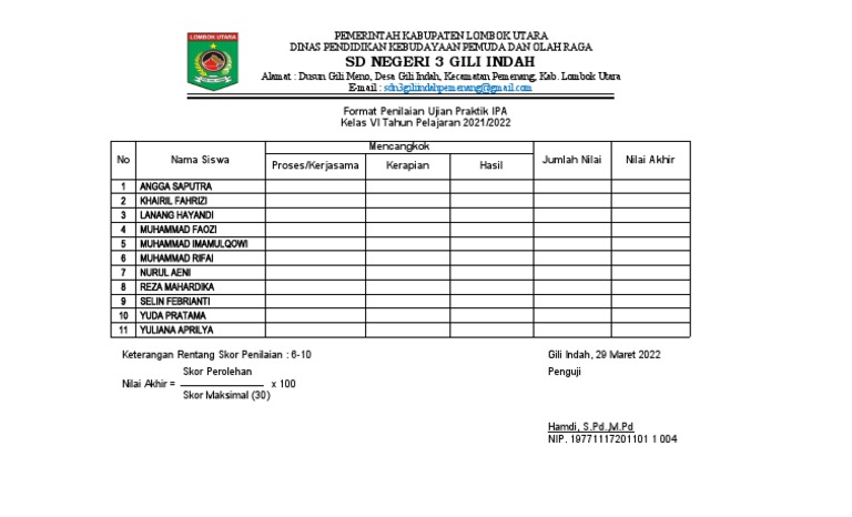 Format Penilaian Ujian Praktek IPA | PDF