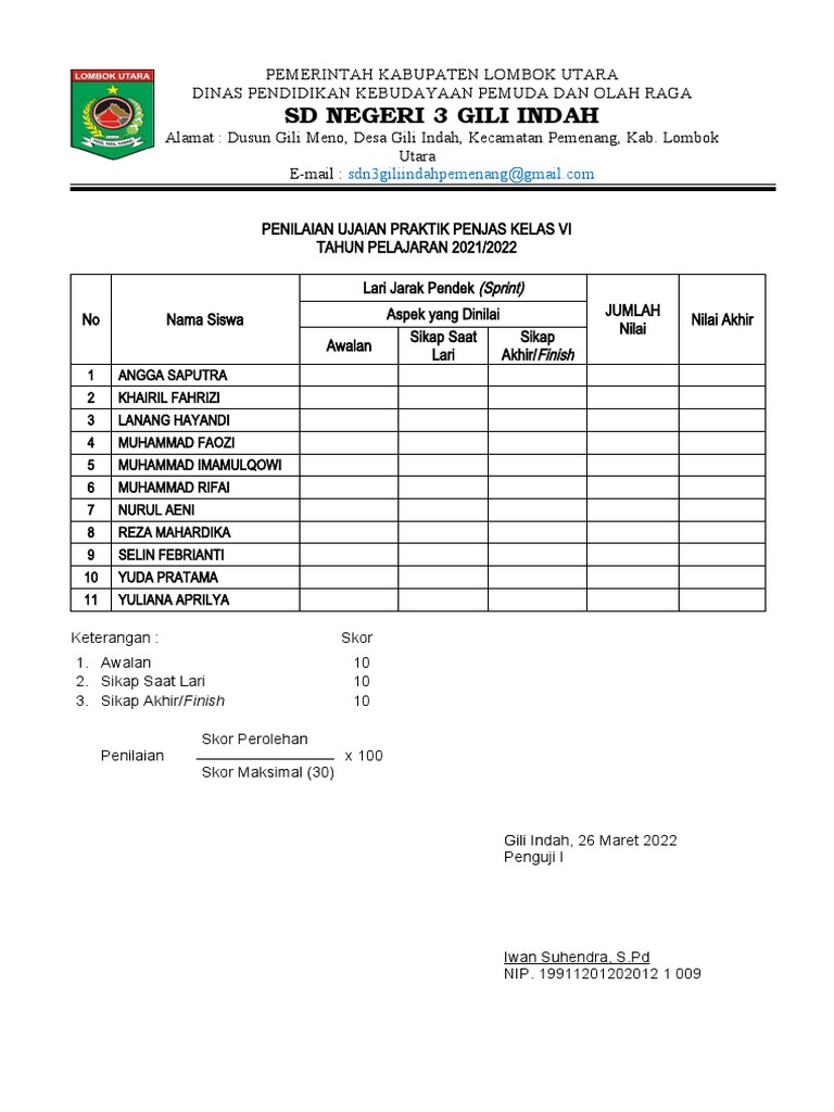 Format Penilaian Ujian Praktek Penjas 2022 | PDF