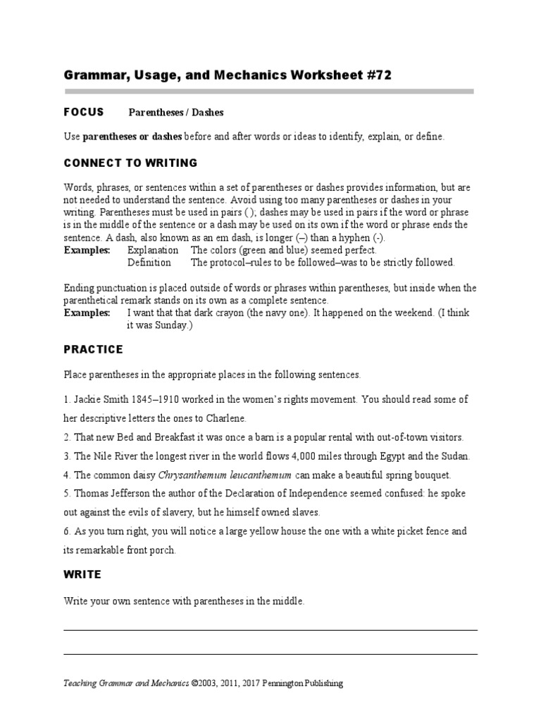 Grammar, Usage, and Mechanics Worksheet #72: FOCUS Parentheses / Dashes ...