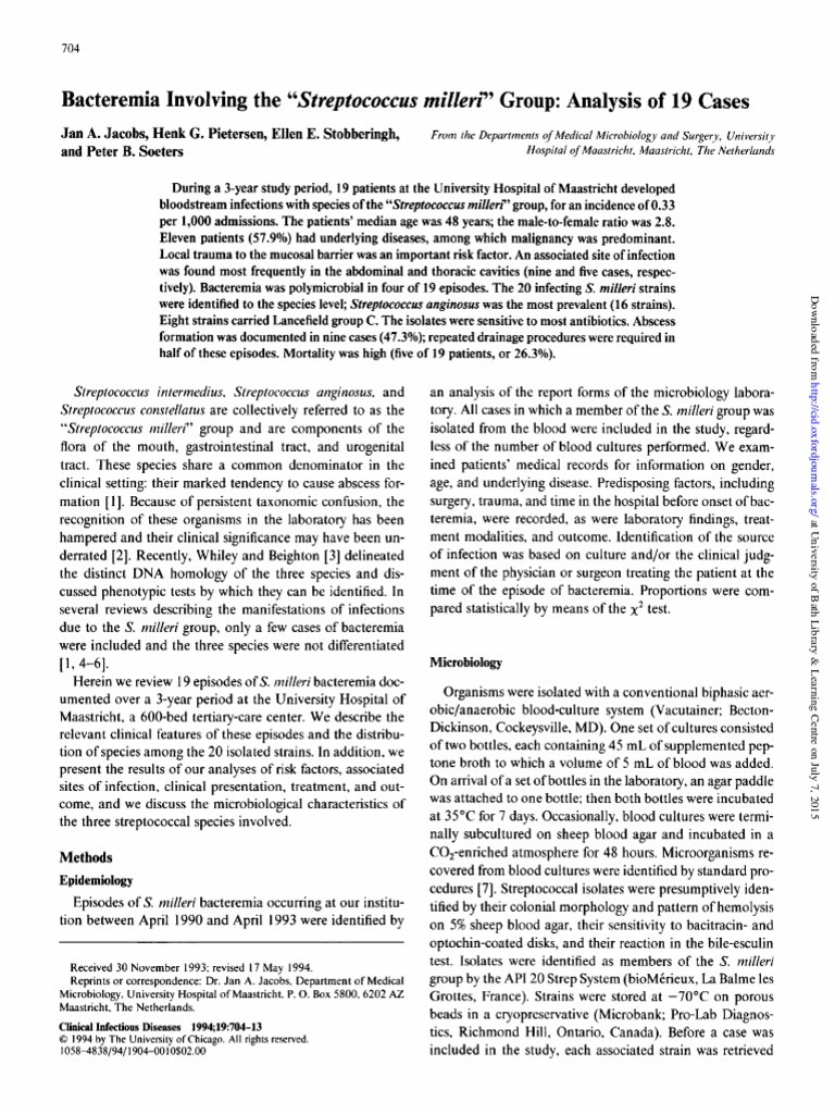 Bacteremia Involving The Streptococcus Milleri Group Analysis of 19 ...