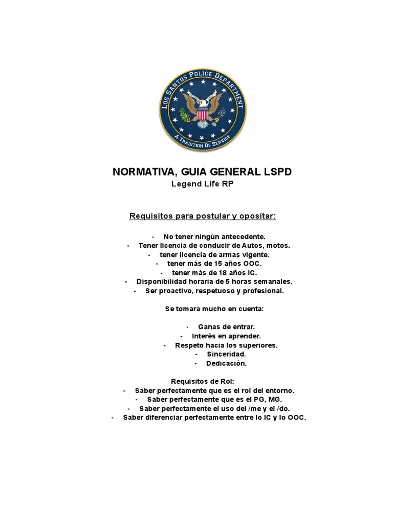 Normativa, Guia General LSPD Legend Life | PDF | Policía | Teniente