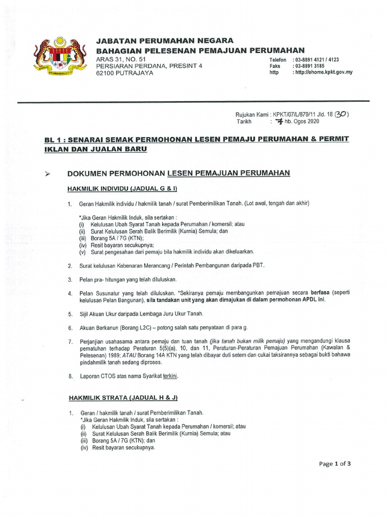 BL1 - Senarai Semak - Permohonan Apdl Baharu (2020) | PDF