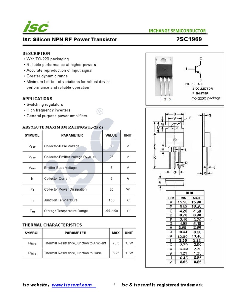 Isc 2SC1969: Silicon NPN RF Power Transistor | PDF | Bipolar Junction ...
