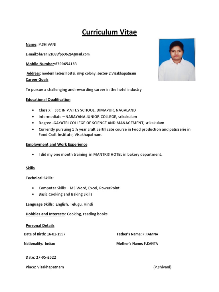 Curriculum Vitae: Name: P.SHIVANI | PDF