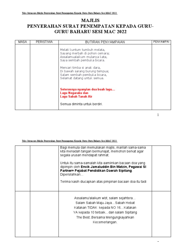 Teks Skrip Pengacara MAjlis Serah Surat PEnempatan GUru BAharu 2022 | PDF