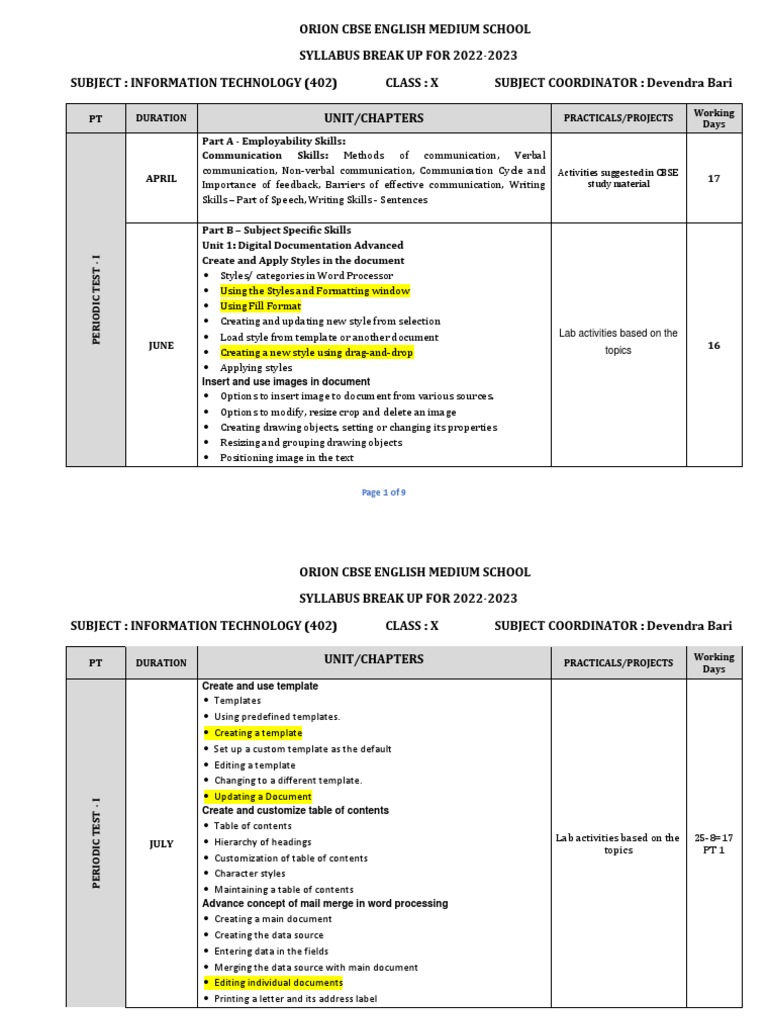 Orion Cbse English Medium School Syllabus Break Up For 2022-2023 Subject: Information Technology ...