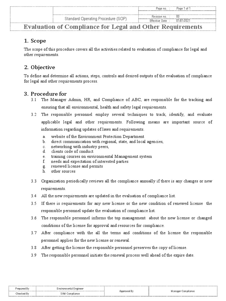 Procedure For Evaluation of Compliance | PDF | Regulatory Compliance ...