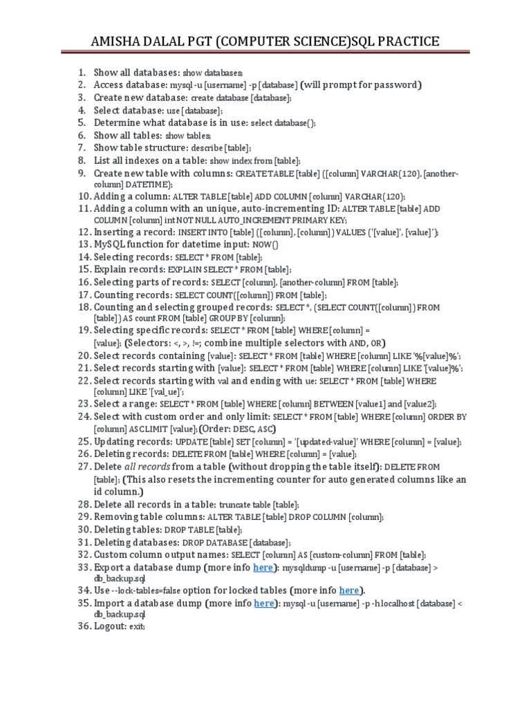 Sql Basic Comands Pdf Table Database Databases 0197