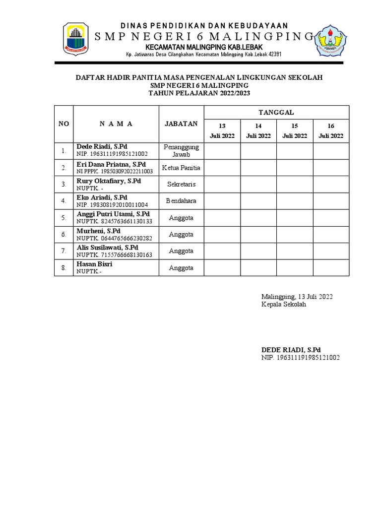 Daftar Hadir Panitia MPLS | PDF