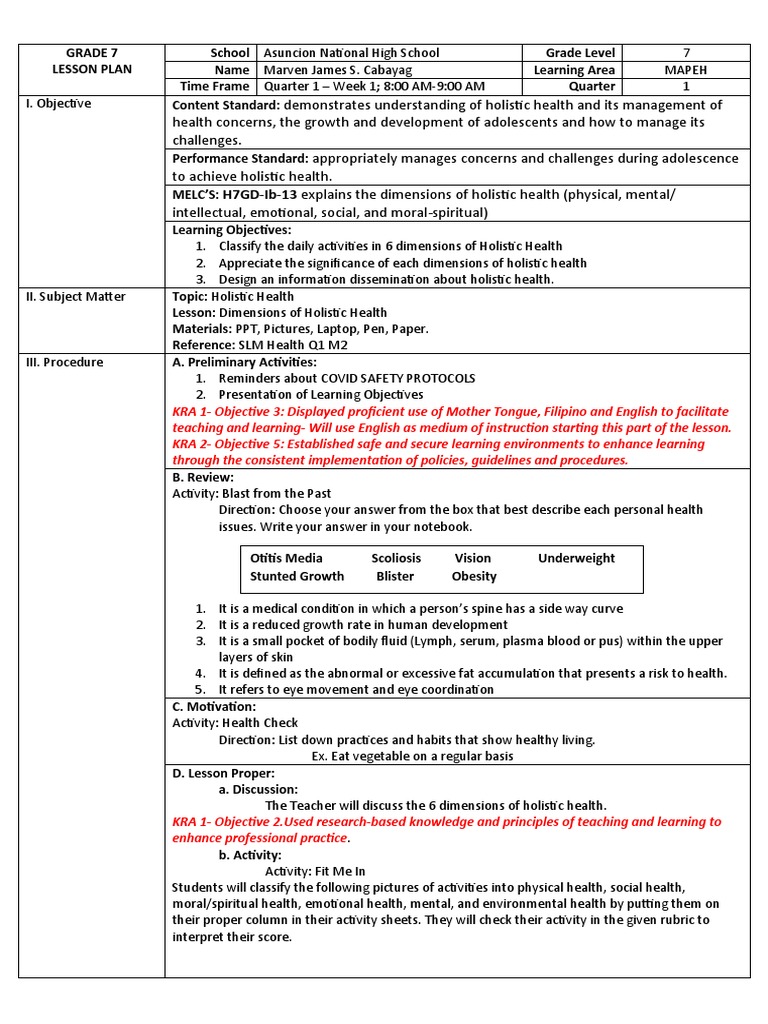 Grade 7 Holistic Health Lesson Plan | PDF | Mental Health | Learning