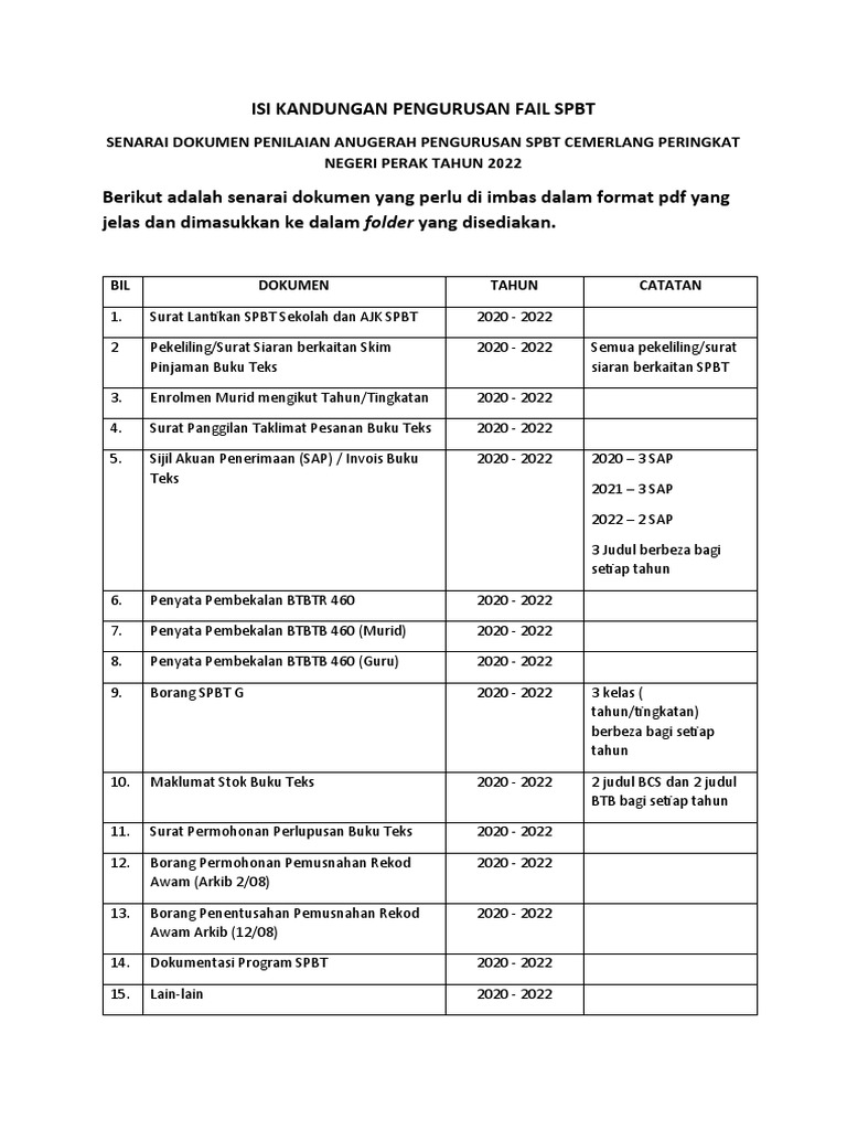 Isi Kandungan Pengurusan Fail SPBT | PDF