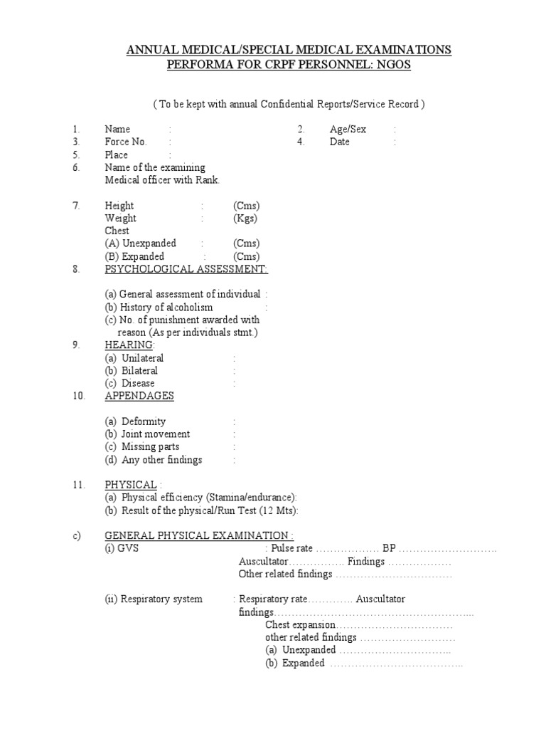Annual Medical/Special Medical Examinations Performa For CRPF Personnel ...