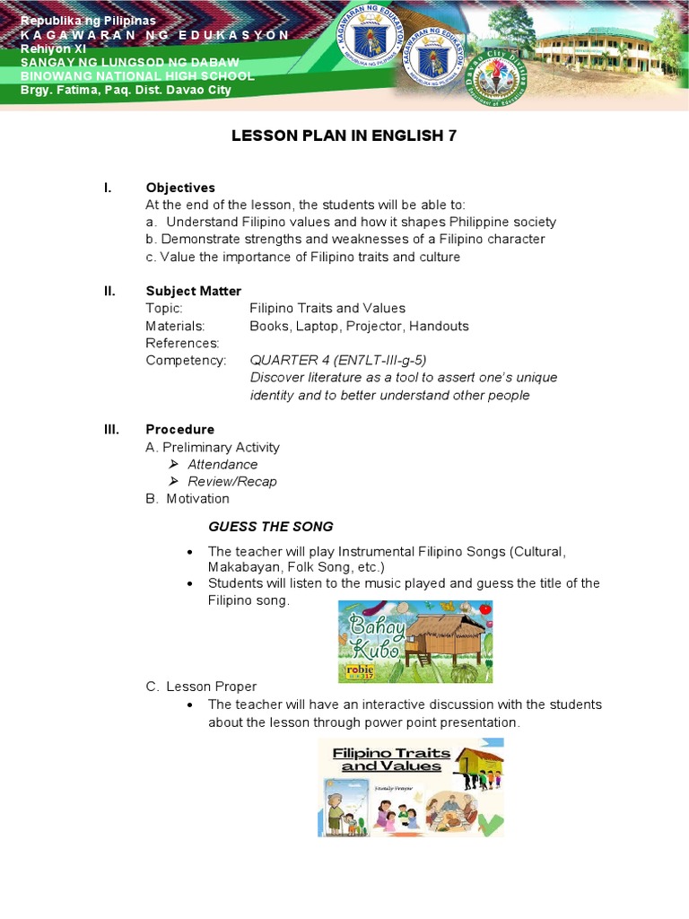 Lesson Plan in English 7 FILIPINO VALUES | PDF | Philippines | Lesson Plan