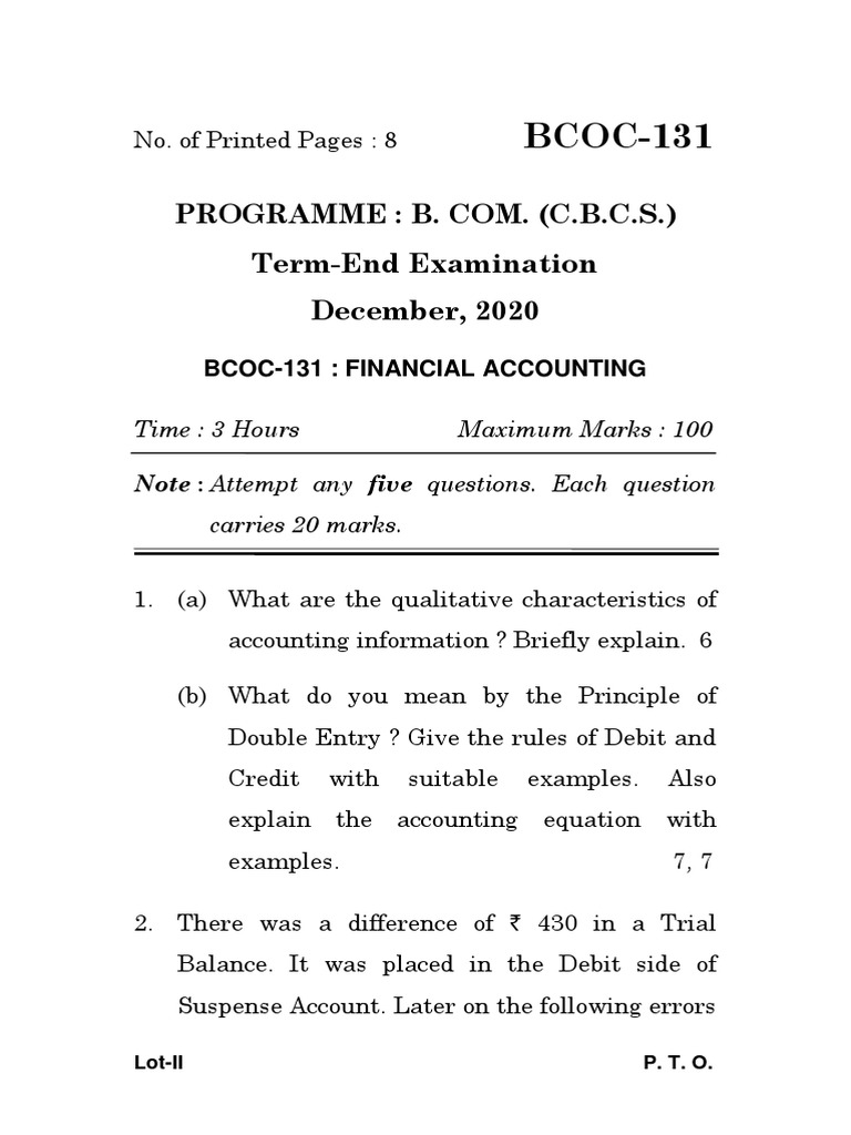 P.Y Question Paper BCOC-131 | Download Free PDF | Debits And Credits ...