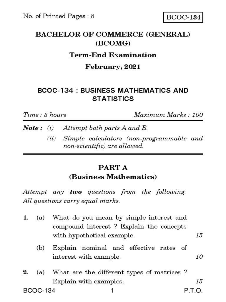 P.Y Question Paper BCOC-134 | PDF | Statistics | Elasticity (Economics)