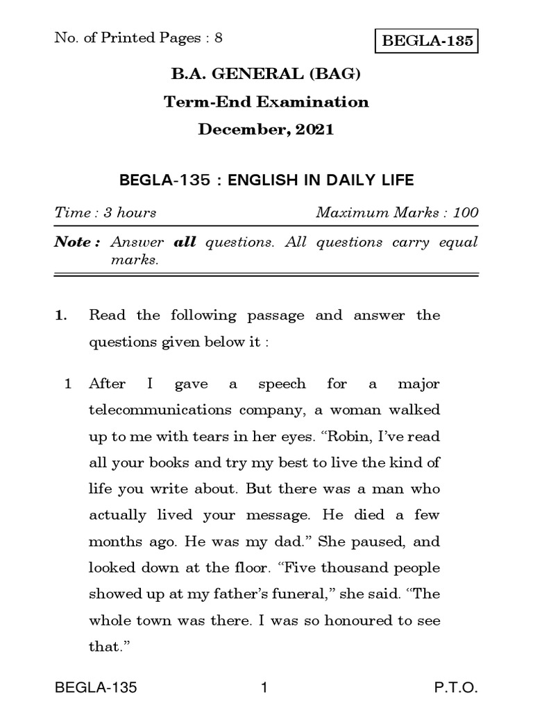 P.Y Question Paper BEGLA-135 | PDF