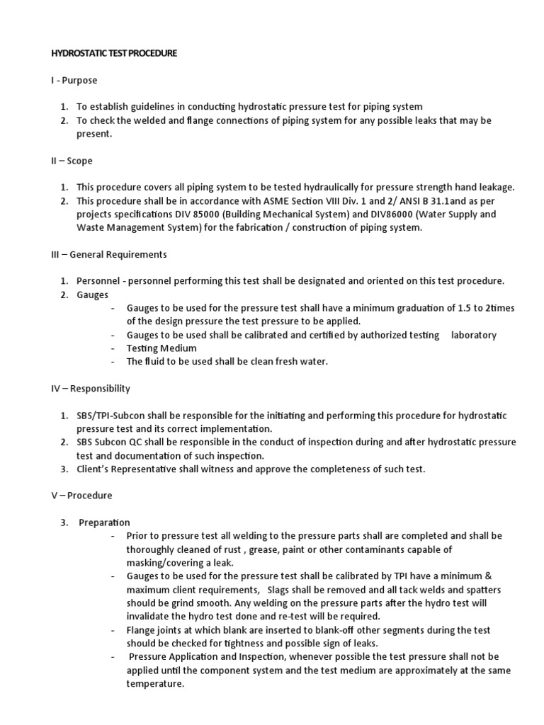 Hydrostatic Pressure Test Procedure | PDF | Leak | Pressure
