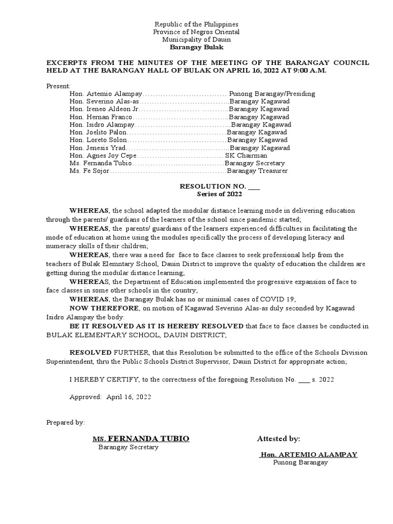 Barangay-Resolution f2f | PDF | Education Theory | Cognition