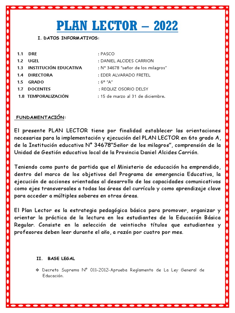 Plan Lector Sexto Grado | PDF | Educación primaria | Maestros