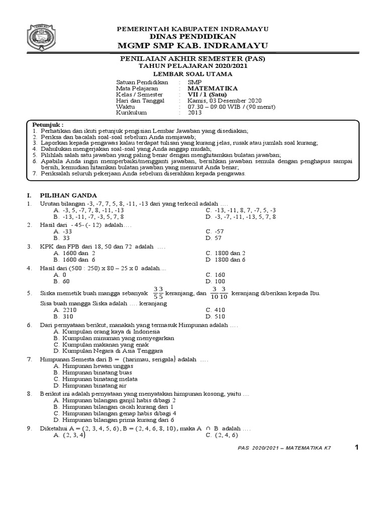 05-Soal Pas Mat 7 S4 2020-S4F4 | PDF