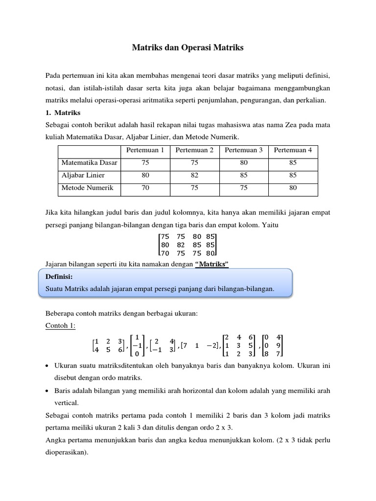 Matriks dan Operasi Dasarnya | PDF | Metode & Bahan Ajar