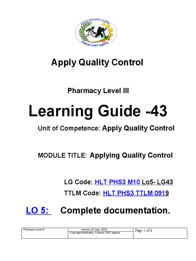 Learning Guide - 43: Apply Quality Control | PDF | Medical Prescription | Pharmacy