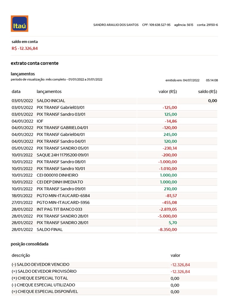 Extrato-Itau 04 07 2022 05-14 | Download grátis PDF | Cheque (banco) | Crédito