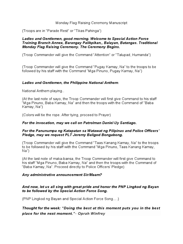 Monday Flag Raising Ceremony Manuscript | PDF | Philippines | National ...